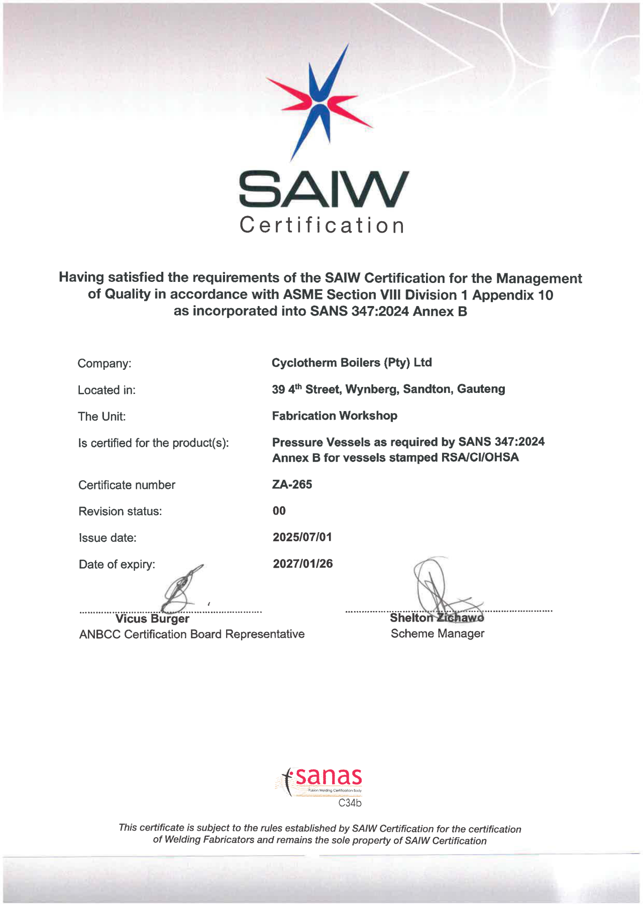Certifications - Cyclotherm Boilers